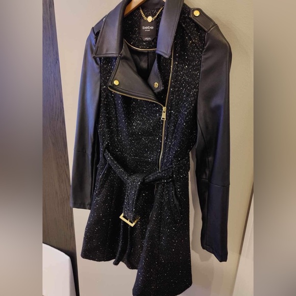 bebe | Jackets & Coats | Bebe Black Tweed Like Coat With Faux Leather ...